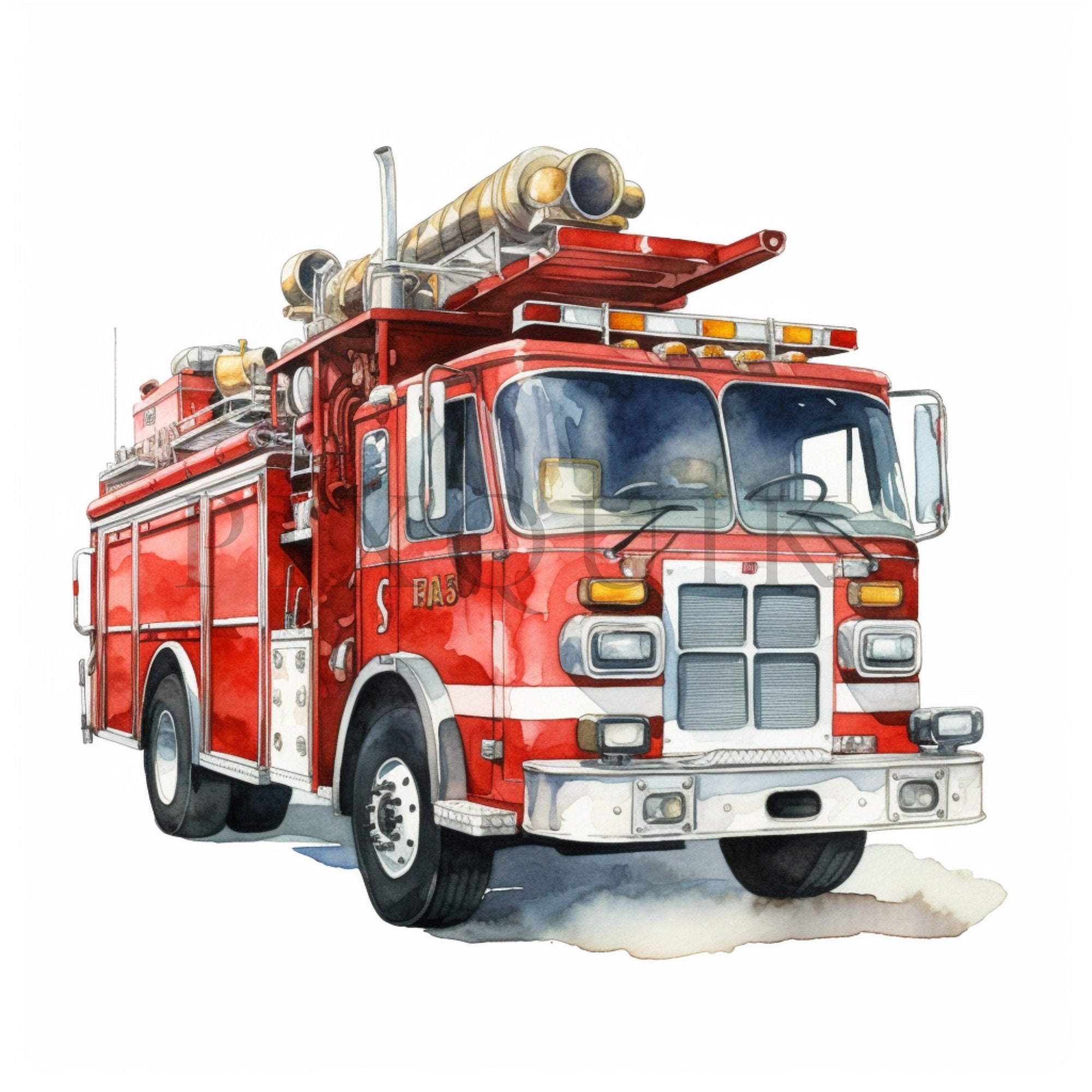 Watercolor Fire Truck Clipart | 10 High Quality Jpgs | Digital Download ...