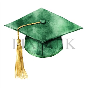 Watercolor Green Graduation Cap Clipart: JPG & PNG Files (digital ...