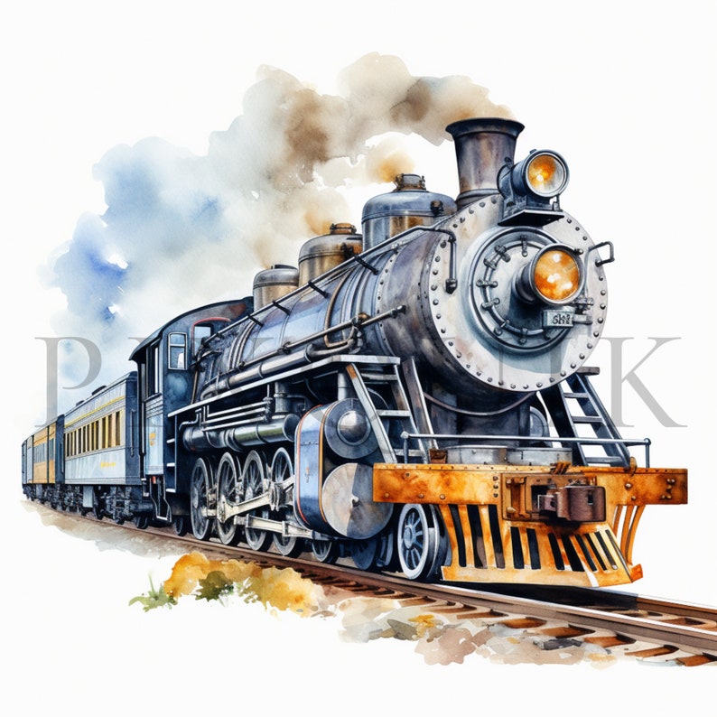 Watercolor Steam Train Clipart | Vintage Style Jpgs (digital Download ...
