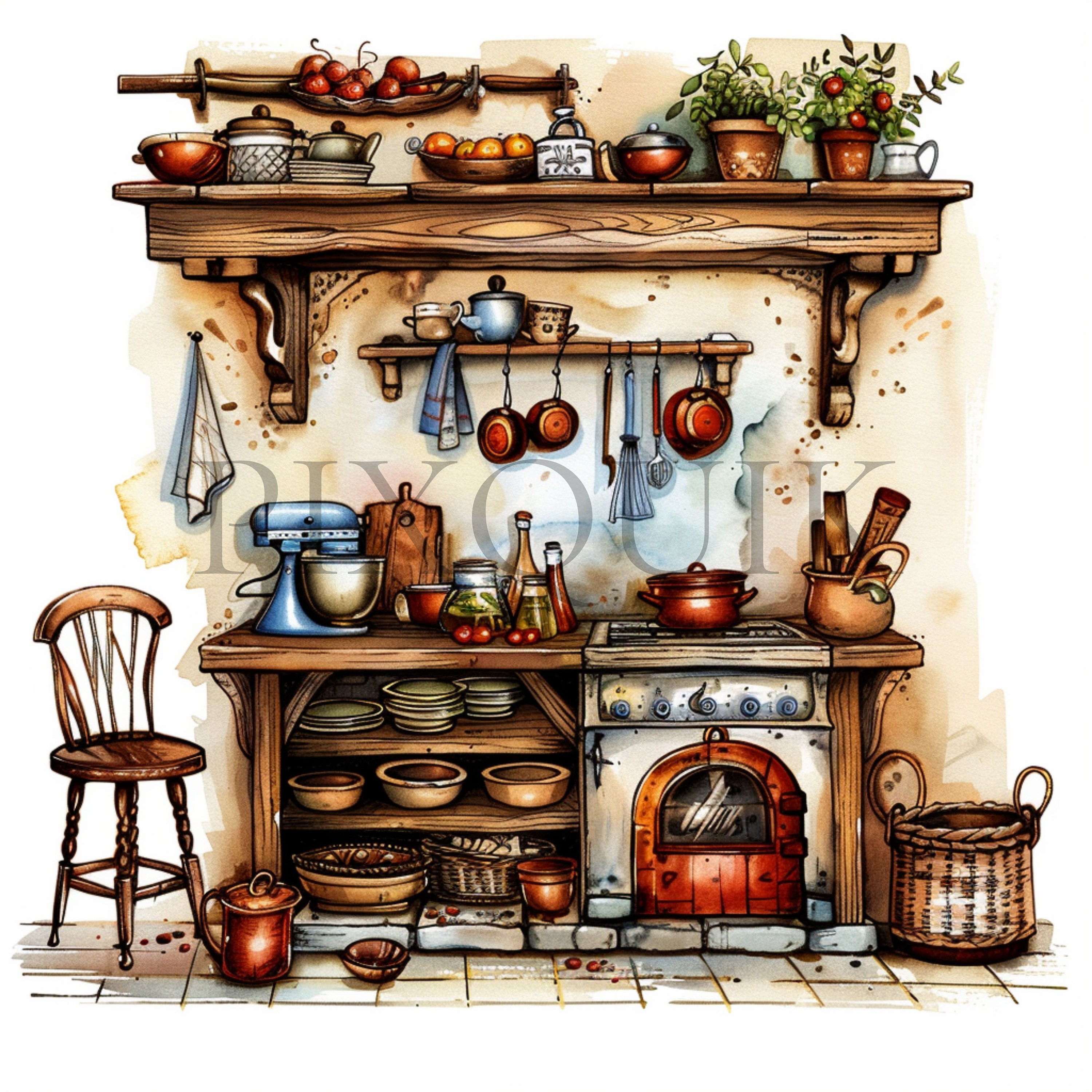 Watercolor Country Kitchen Clipart 10 High Quality JPG Rustic Vintage ...