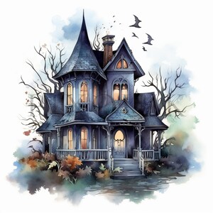 Watercolor Haunted House Clipart | Spooky Halloween Illustration ...