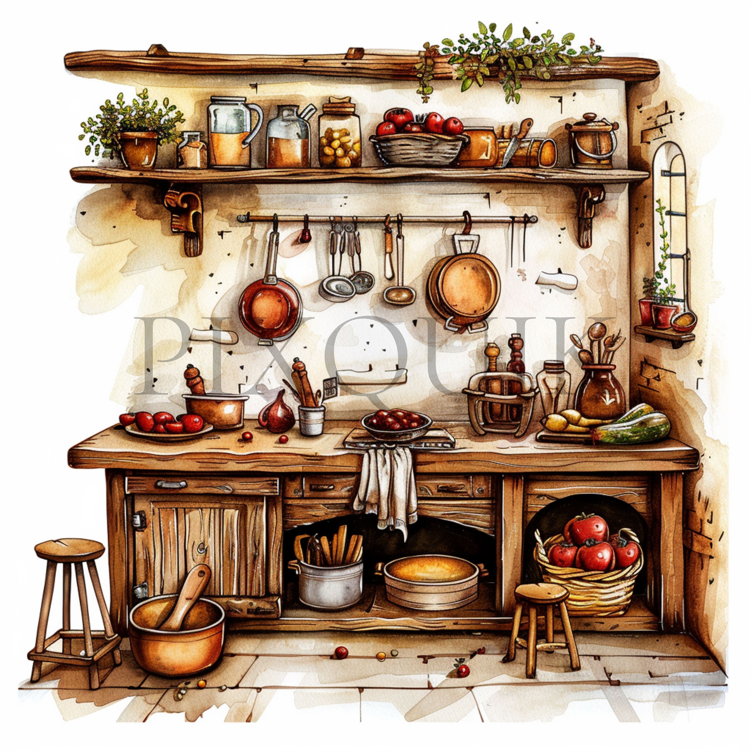 Watercolor Country Kitchen Clipart 10 High Quality JPG Rustic Vintage ...