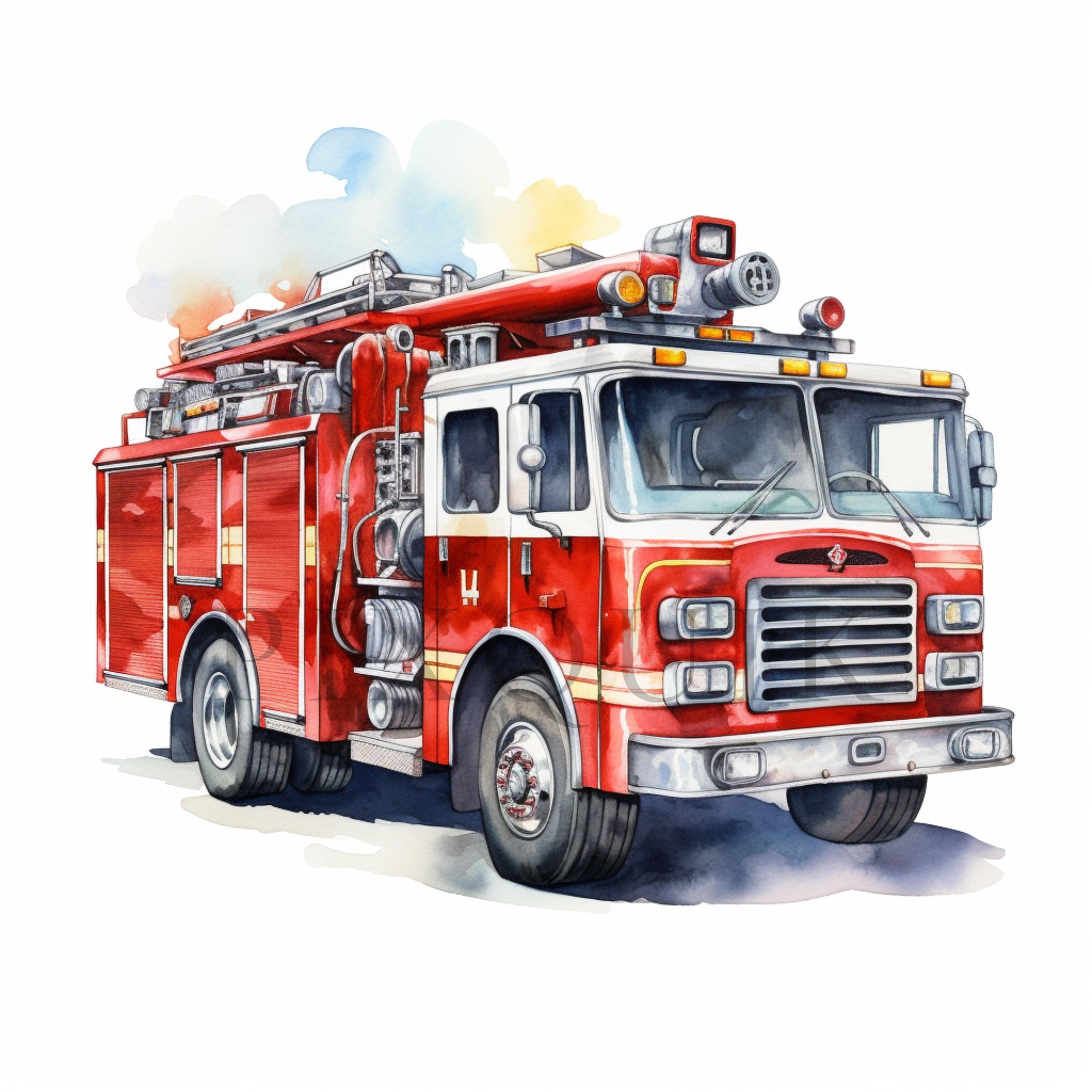 Watercolor Fire Truck Clipart | 10 High Quality Jpgs | Digital Download ...