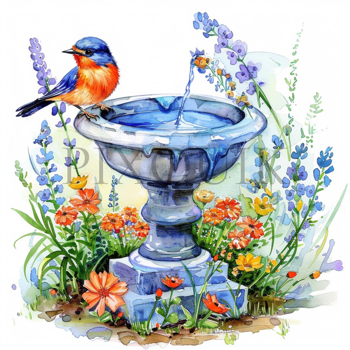 Watercolor Birdbath Clipart | Spring Garden Illustration (digital ...