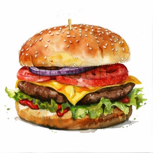 Watercolor Tasty Hamburger Clipart | 10 High Quality Jpgs | Fast Food ...