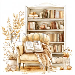 Autumn Library Watercolor Clipart | Cozy Fall Reading Room (JPG & PNG ...