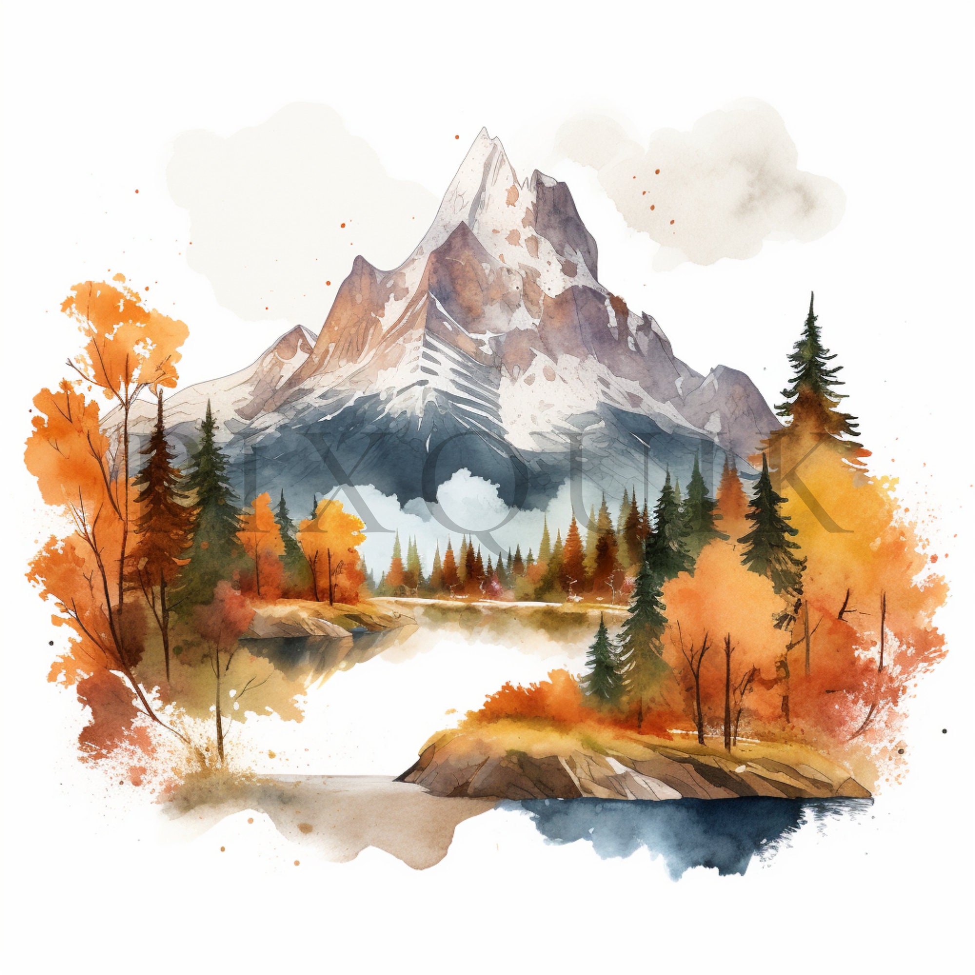 Autumn Mountain Watercolor Clipart: Fall Scenery Jpgs (digital Download ...