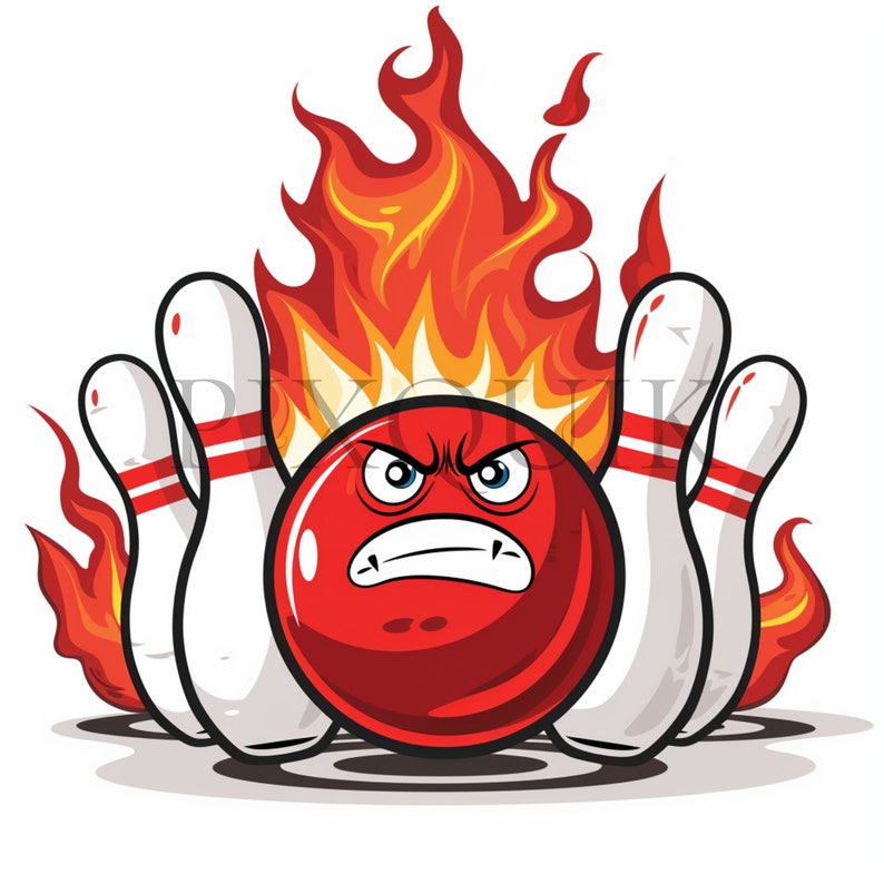 Watercolor Angry Bowling Ball & Pins Clipart | Fire Illustration ...