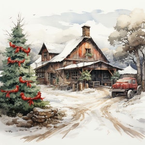 Christmas Farmhouse Clipart | Holiday JPG Graphics (digital Download ...