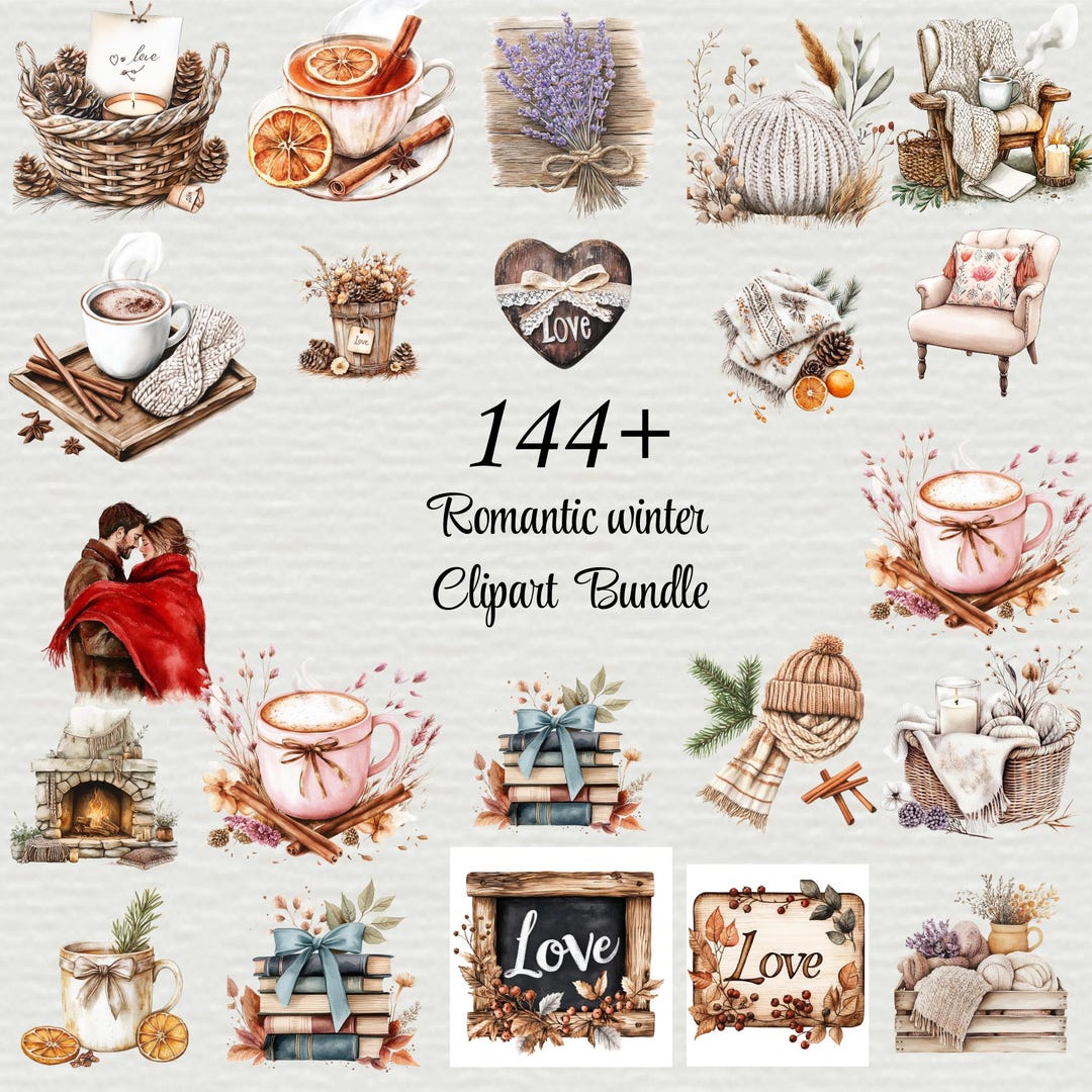 Watercolor Winter Clipart Bundle | 144 PNG Files, Cozy Romance (digital ...