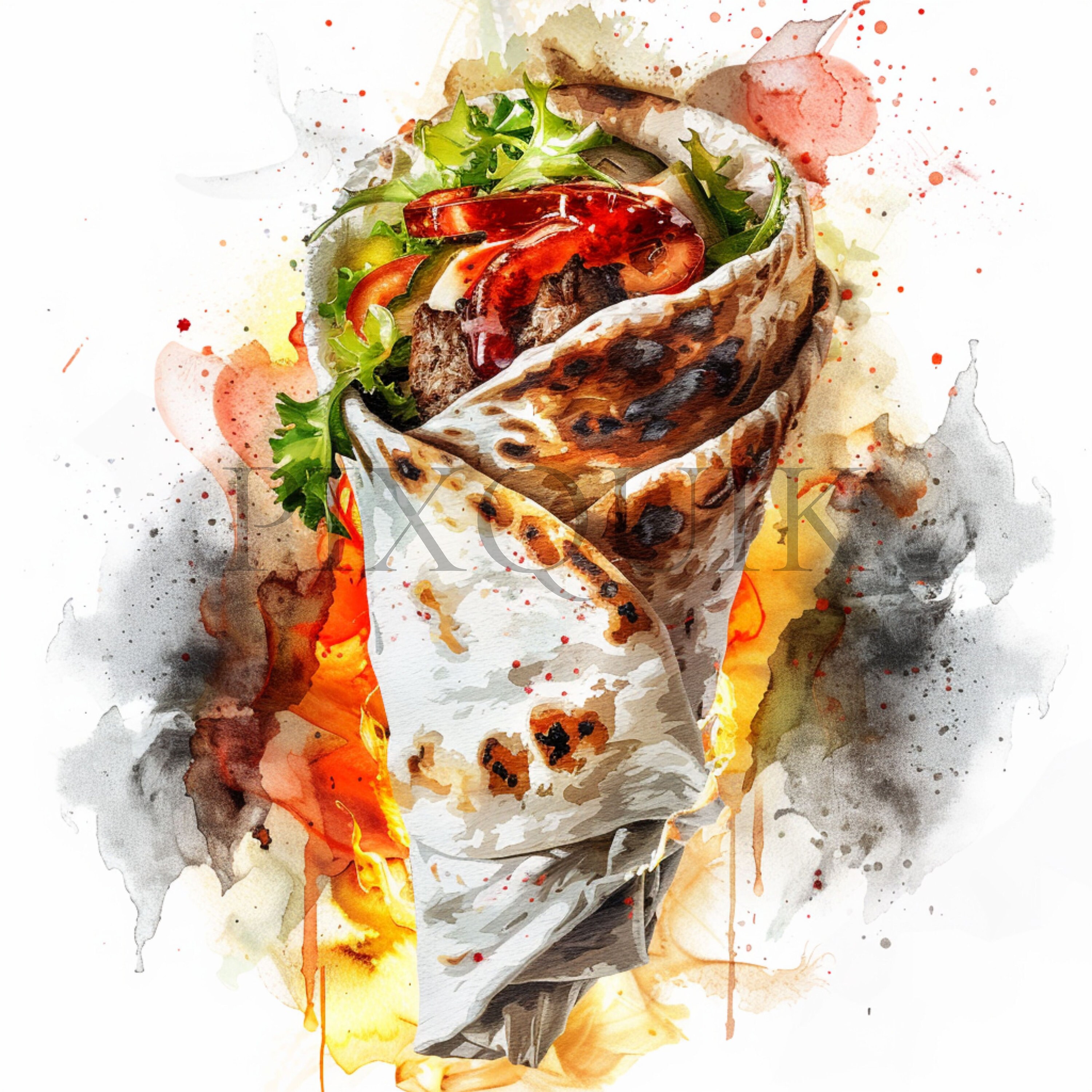 Watercolor Fire Gyros Clipart 10 High-quality Jpgs Food Culture Gyros ...