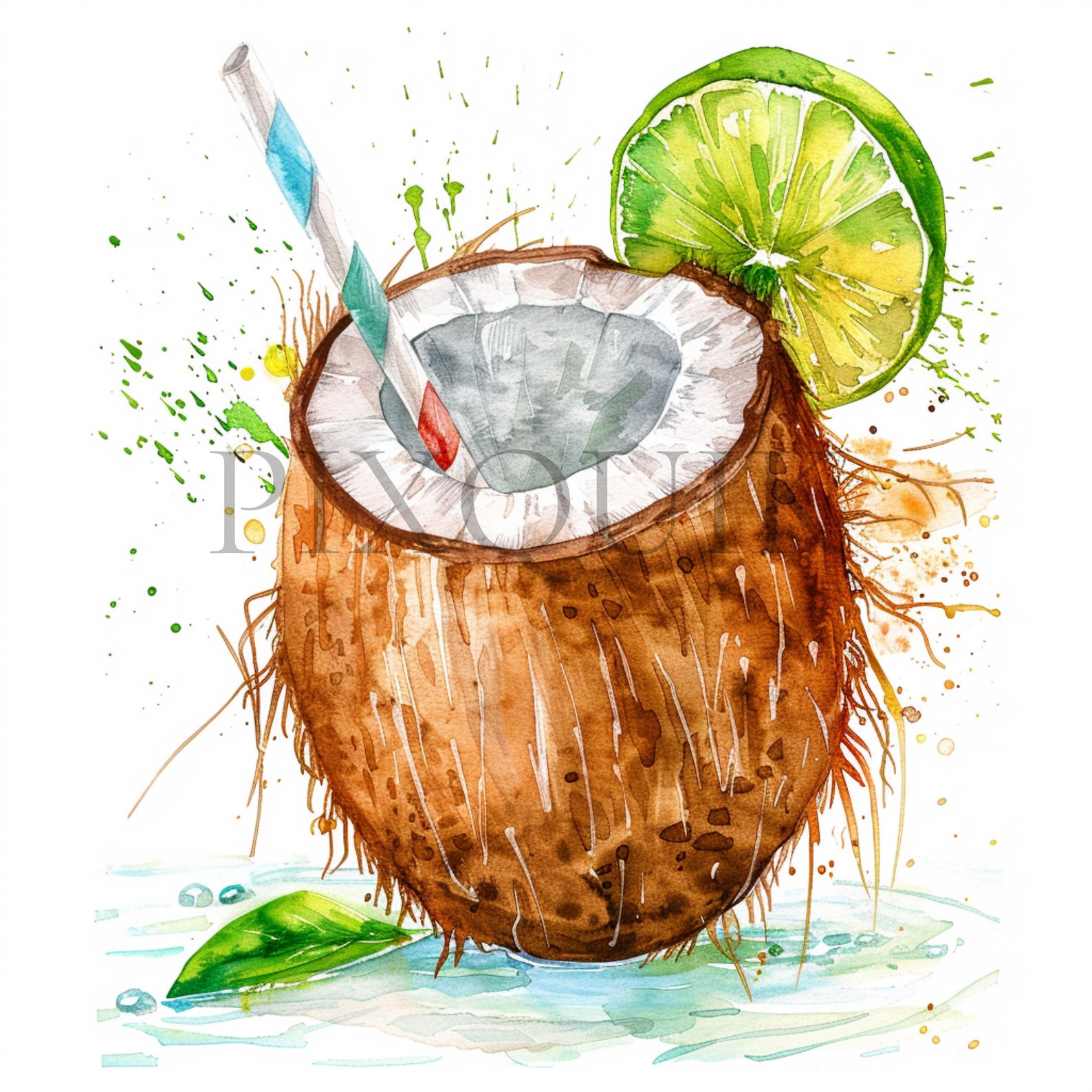 Watercolor Coconut Drink Clipart | 10 High-quality Jpg's | Summer ...