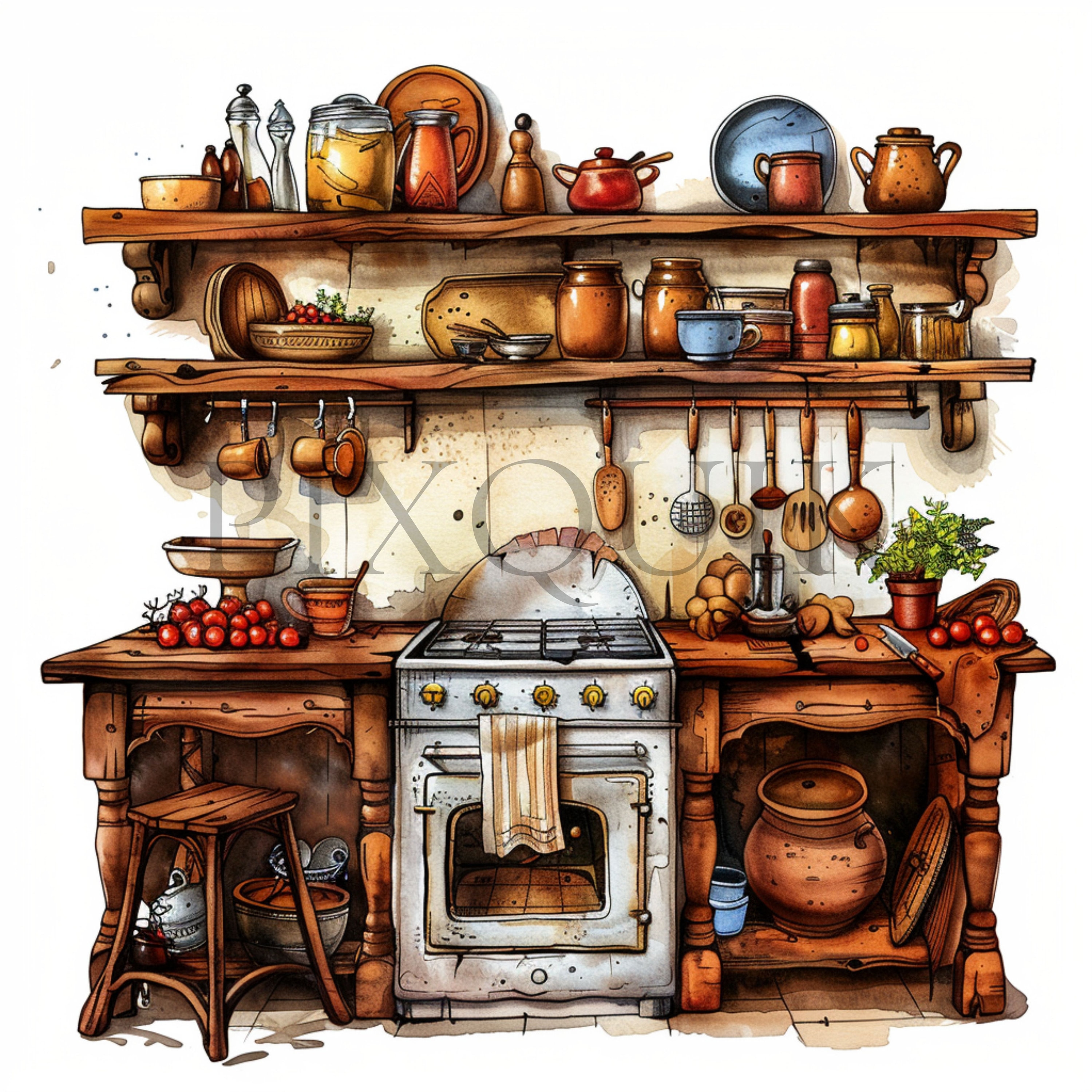 Watercolor Country Kitchen Clipart 10 High Quality JPG Rustic Vintage ...