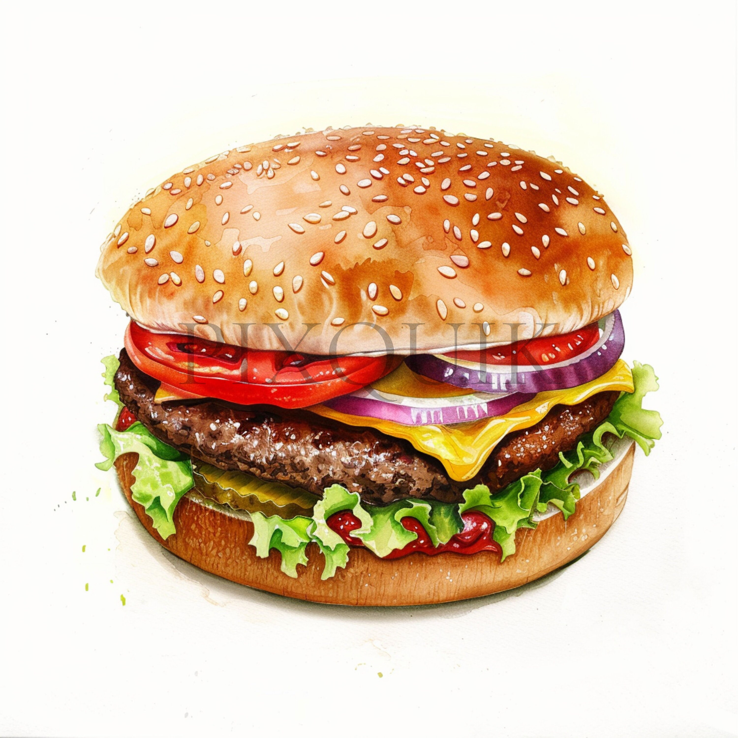 Watercolor Tasty Hamburger Clipart 10 High Quality Jpgs Fast Food ...