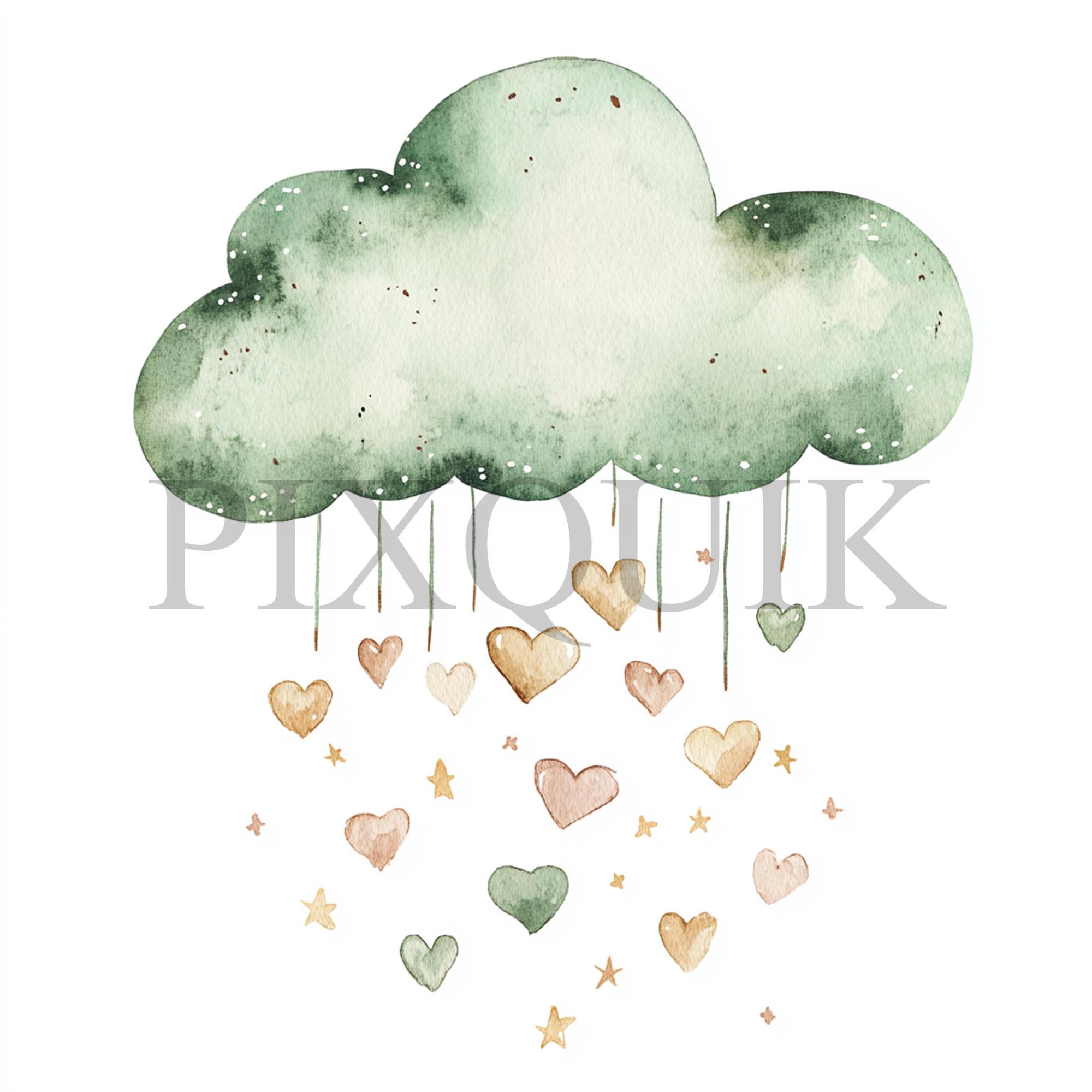 Watercolor Cloud Clipart: Raining Stars and Hearts (JPG & PNG Digital ...