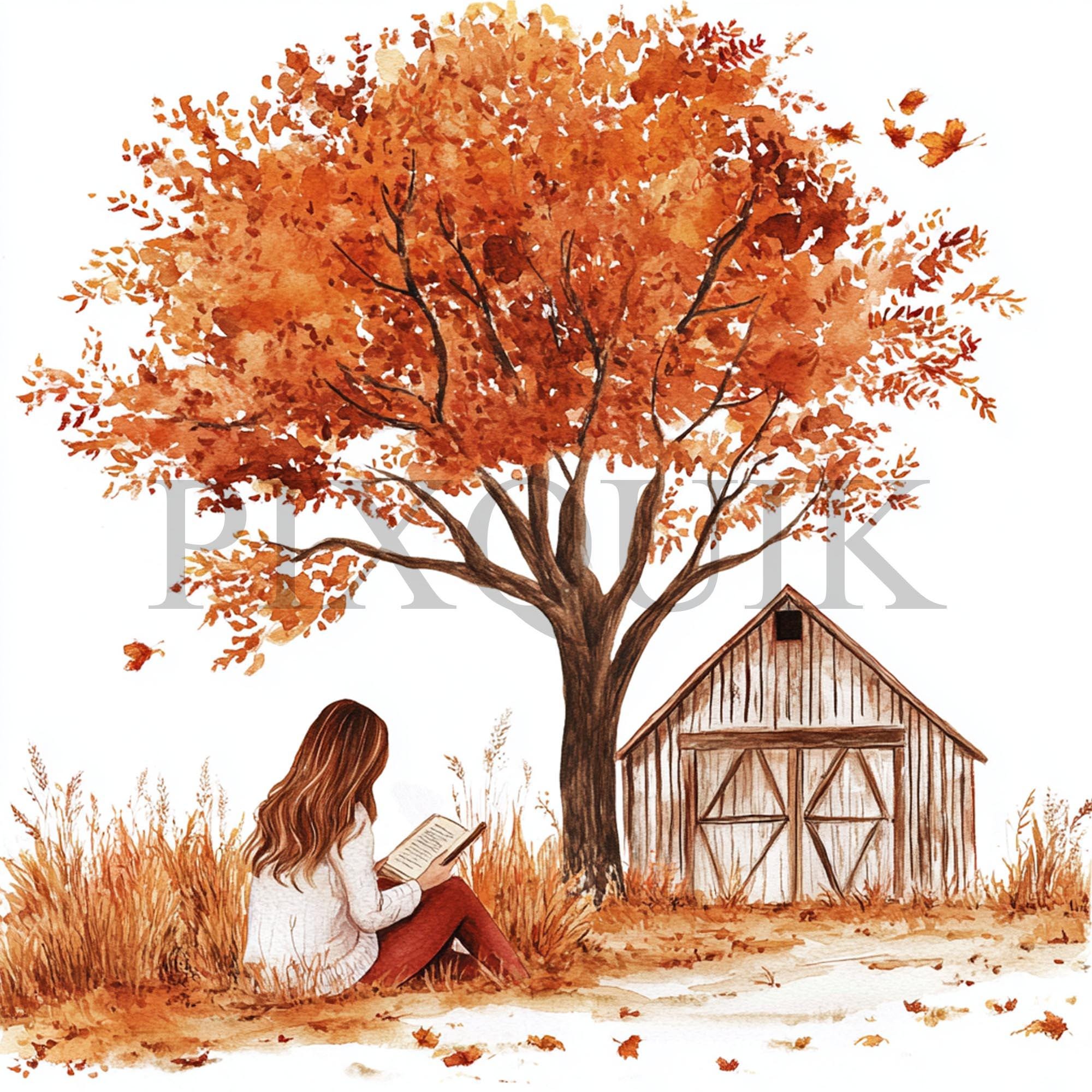 Watercolor Fall Reading Clipart | Barn and Girl (digital Download) - Etsy