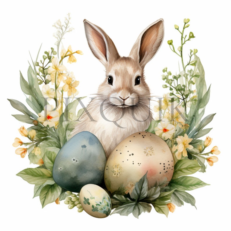Watercolor Easter Bunny Clipart | Floral Egg Illustration (digital ...