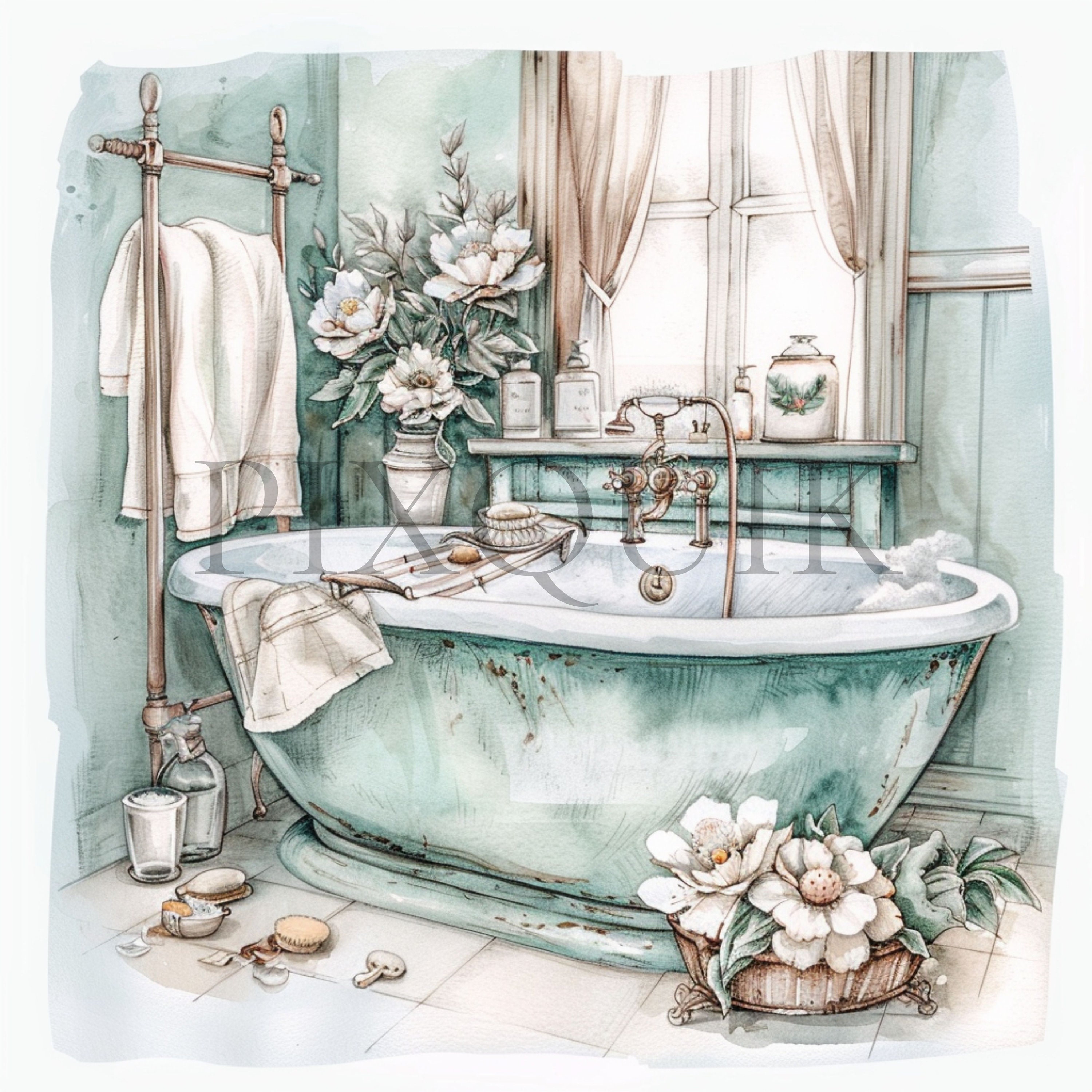 Vintage Floral Bathroom Clipart: Watercolor Style (digital Download) - Etsy