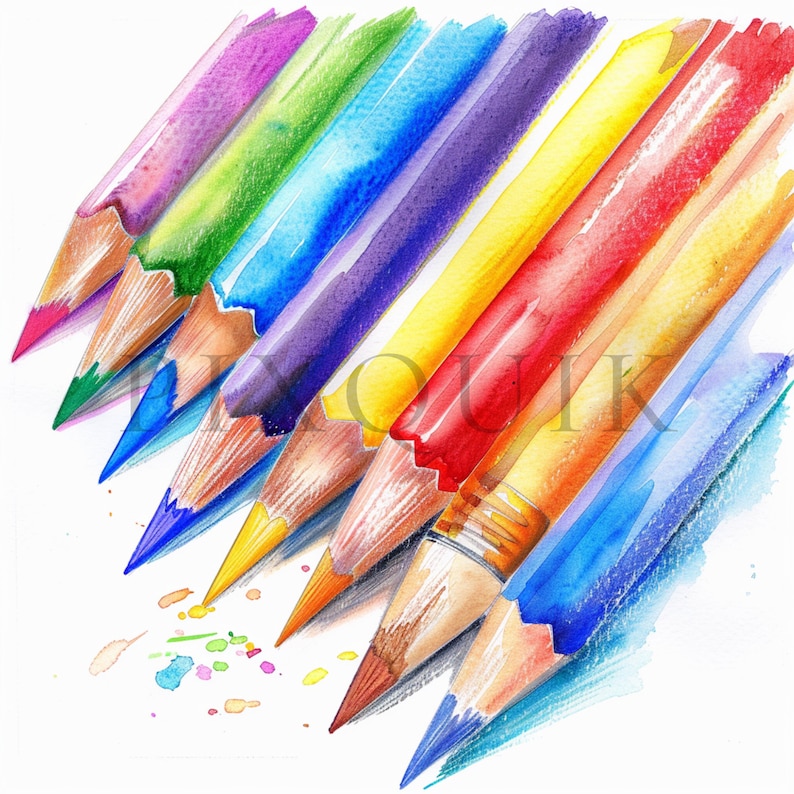 Watercolor Pencil Clipart | Colorful Stationery Art (digital Download ...