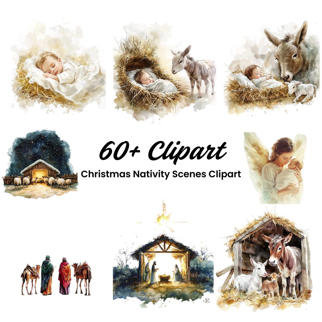 Watercolor Christmas Nativity Clipart: 60+ JPG & PNG Files (digital ...