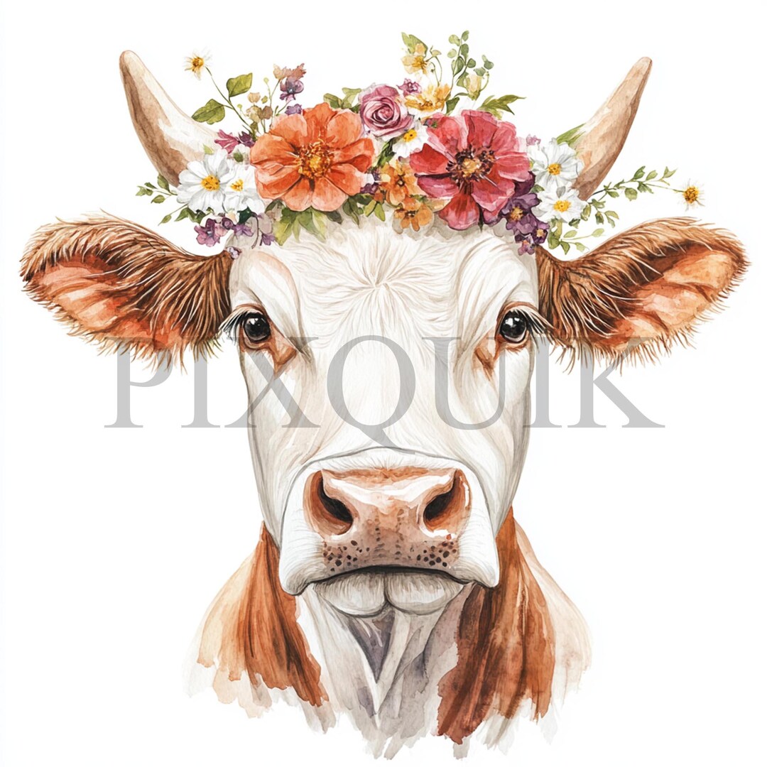 Cow With Flower Clipart | 10 Jpg's Files | Card Making | Digital Paper ...