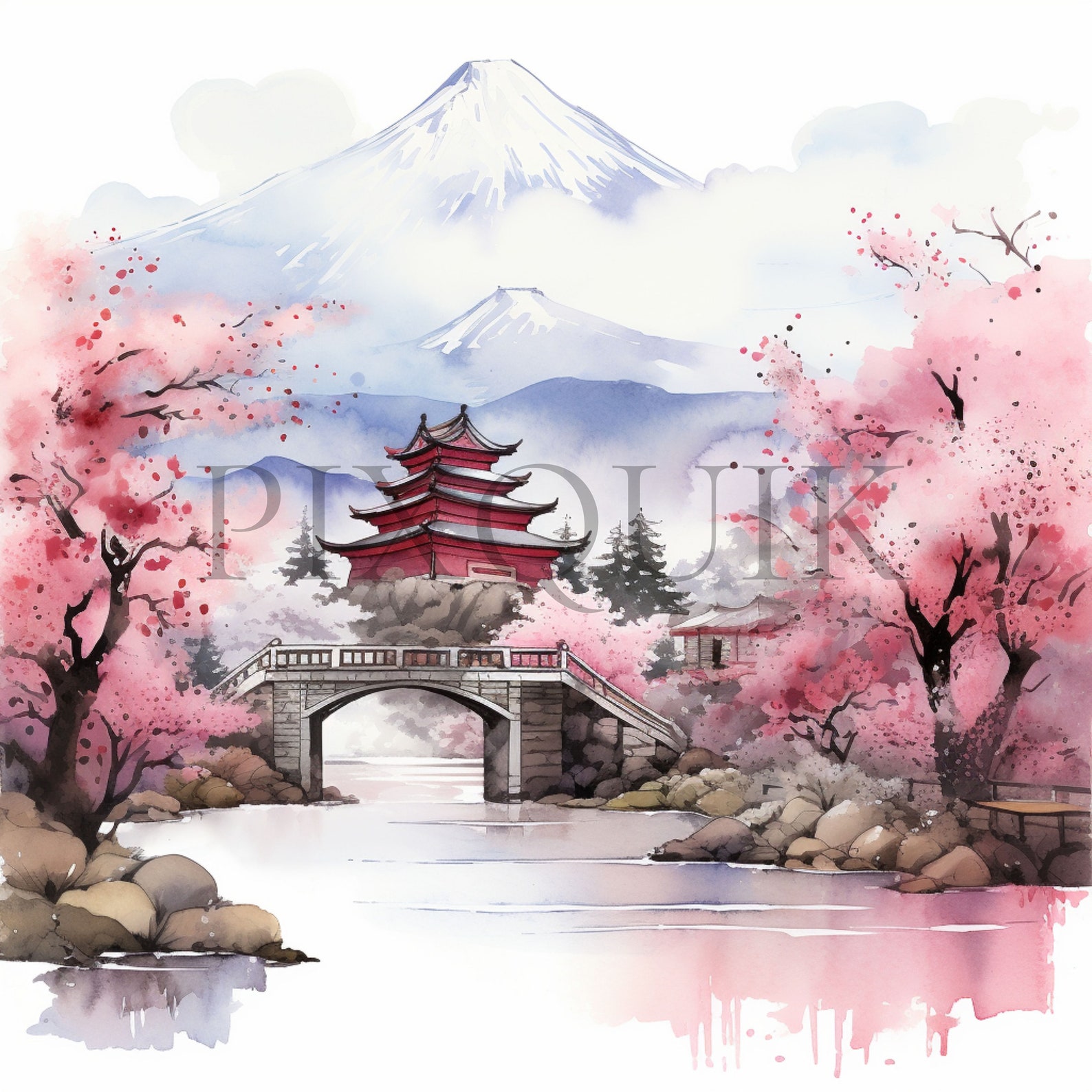 Japanese Cherry Blossom Clipart | Scenic Landscape Art (digital ...