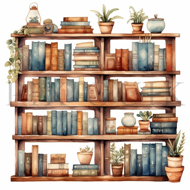 Watercolor Bookshelf Clipart - 10 High Quality Jpgs | Instant Digital ...