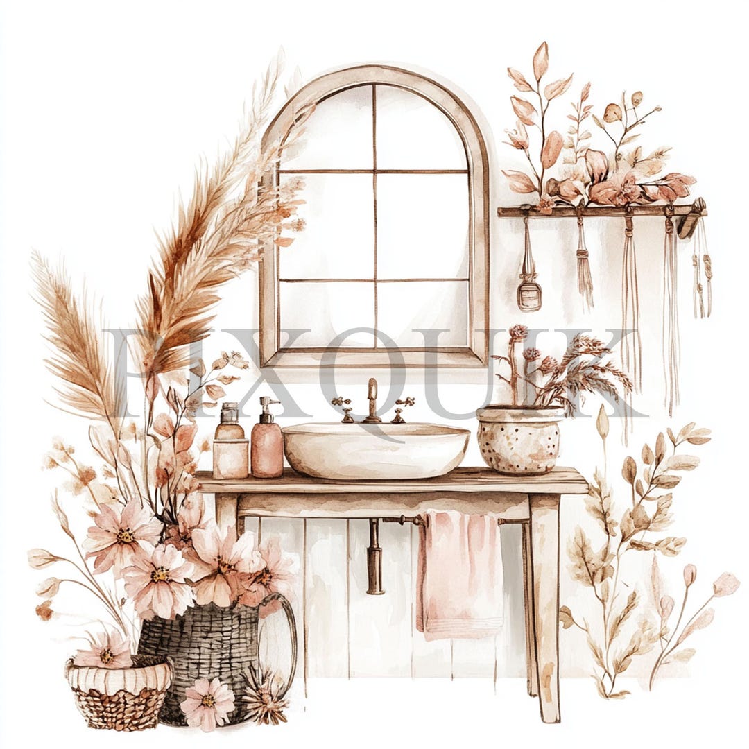 Autumn Floral Bathroom Clipart: Watercolor Bohemian Art (JPG & PNG) - Etsy