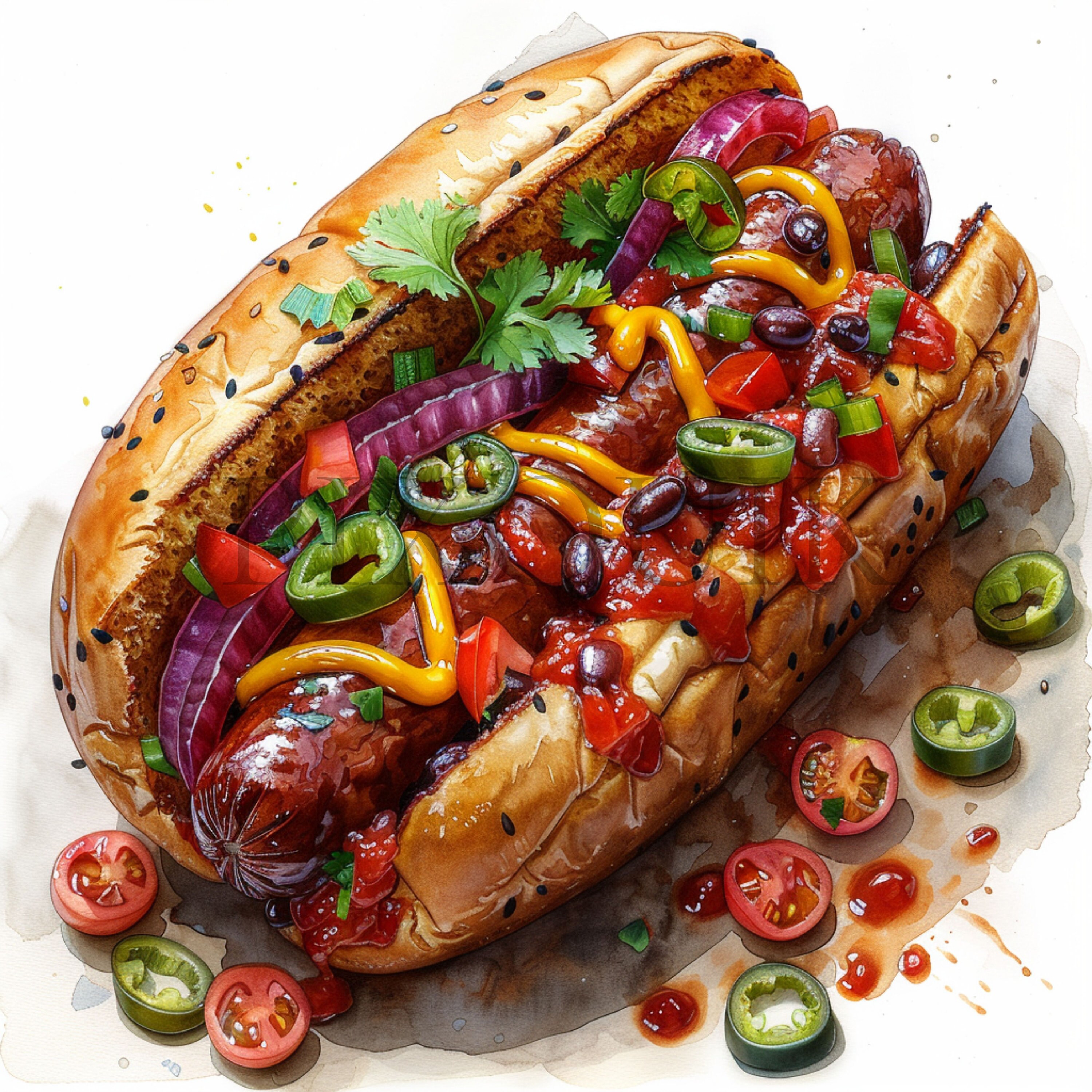 Watercolor Chili Dog Clipart 10 High-quality Jpgs Digital Download Food ...