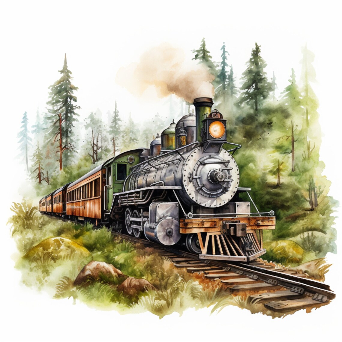 Watercolor Steam Train Clipart 10 High Quality Jpgs Digital Download ...