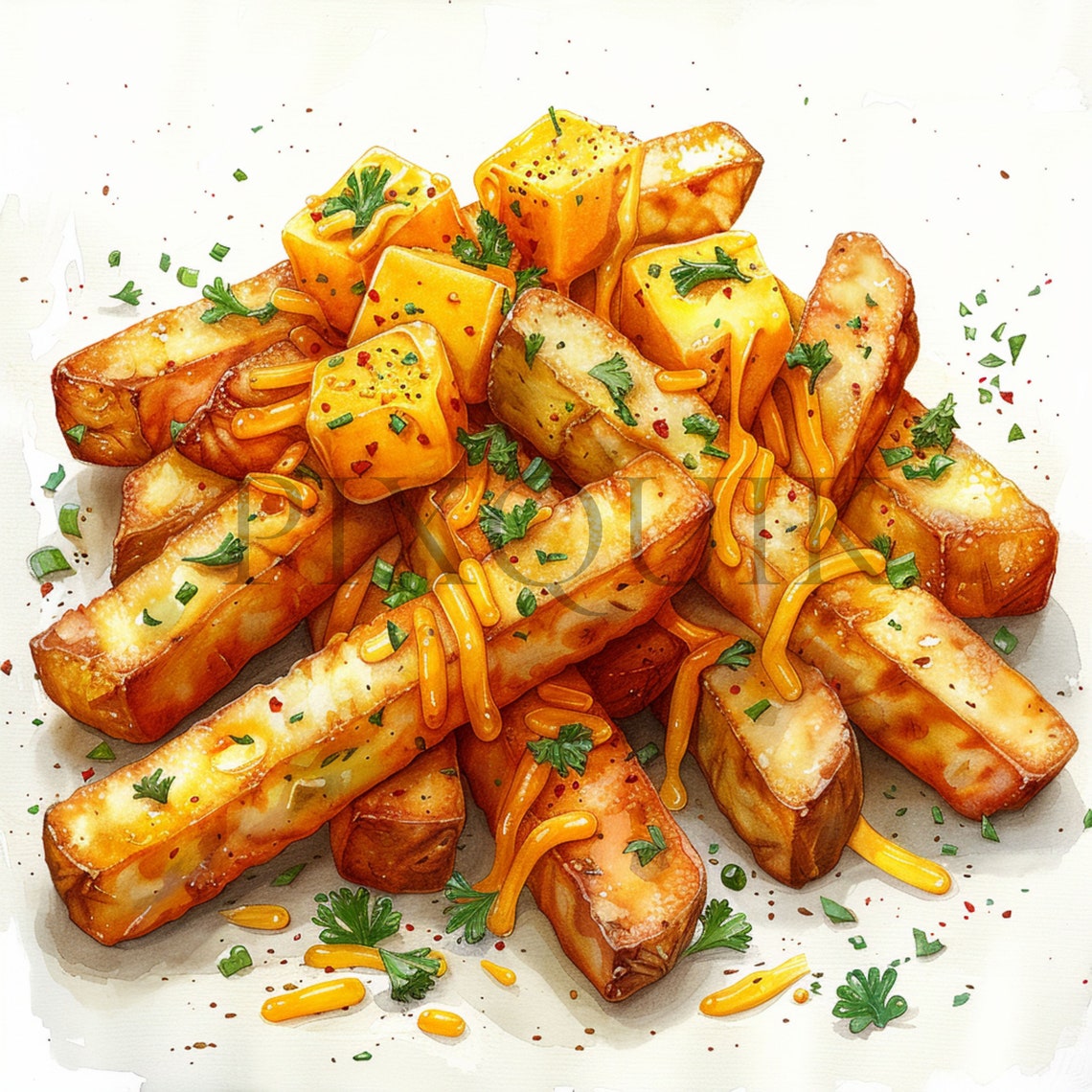 Watercolor Cheese Fries Clipart 10 High-quality Jpgs Kitchen Decor Food ...