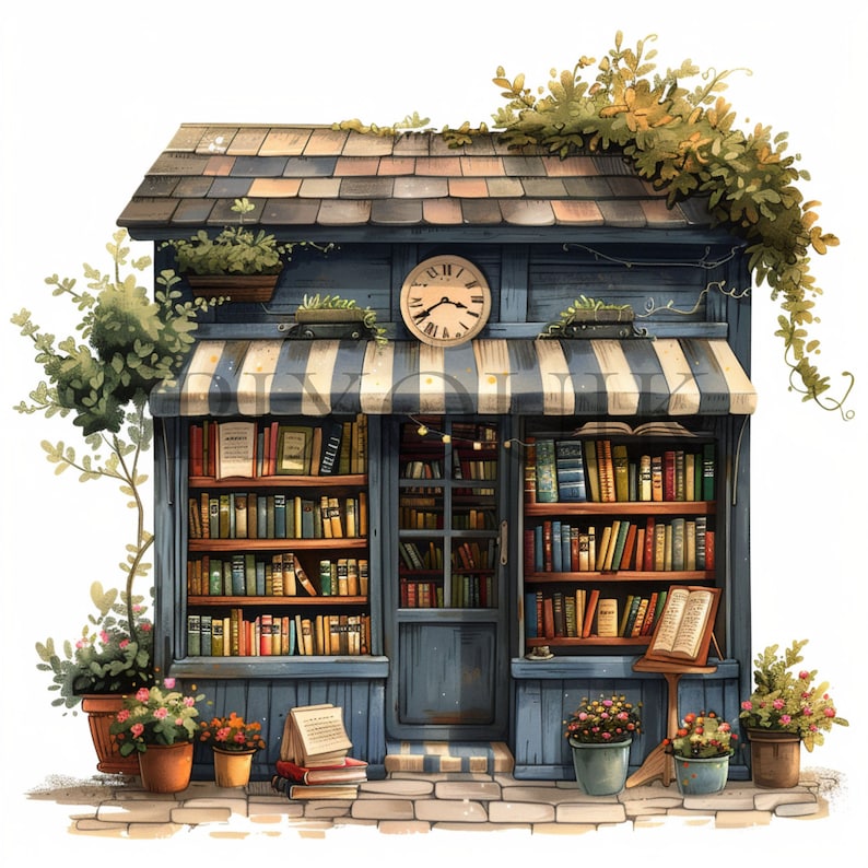 Watercolor Cute Bookstore Clipart 10 High Quality Jpgs Book Lover ...