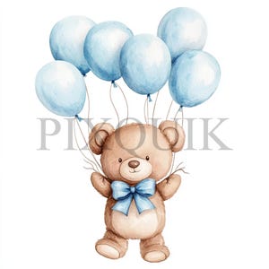Watercolor Teddy Bear Clipart | Blue Balloons, Card Making (JPG Files ...