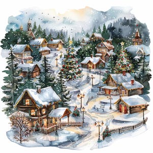 Watercolor Winter Village Clipart: Snowy Holiday Scene (digital ...