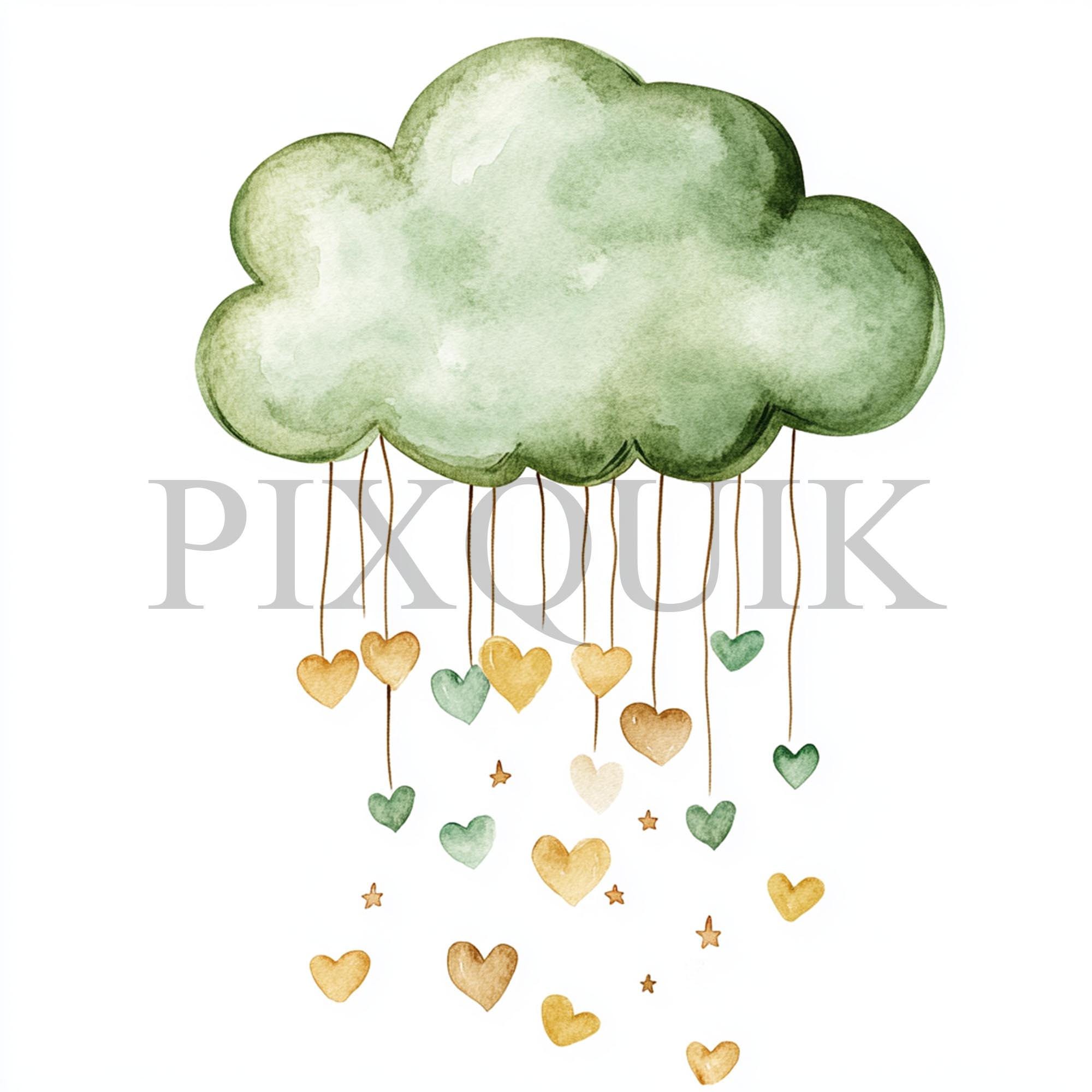 Watercolor Cloud Clipart: Raining Stars and Hearts (JPG & PNG Digital ...