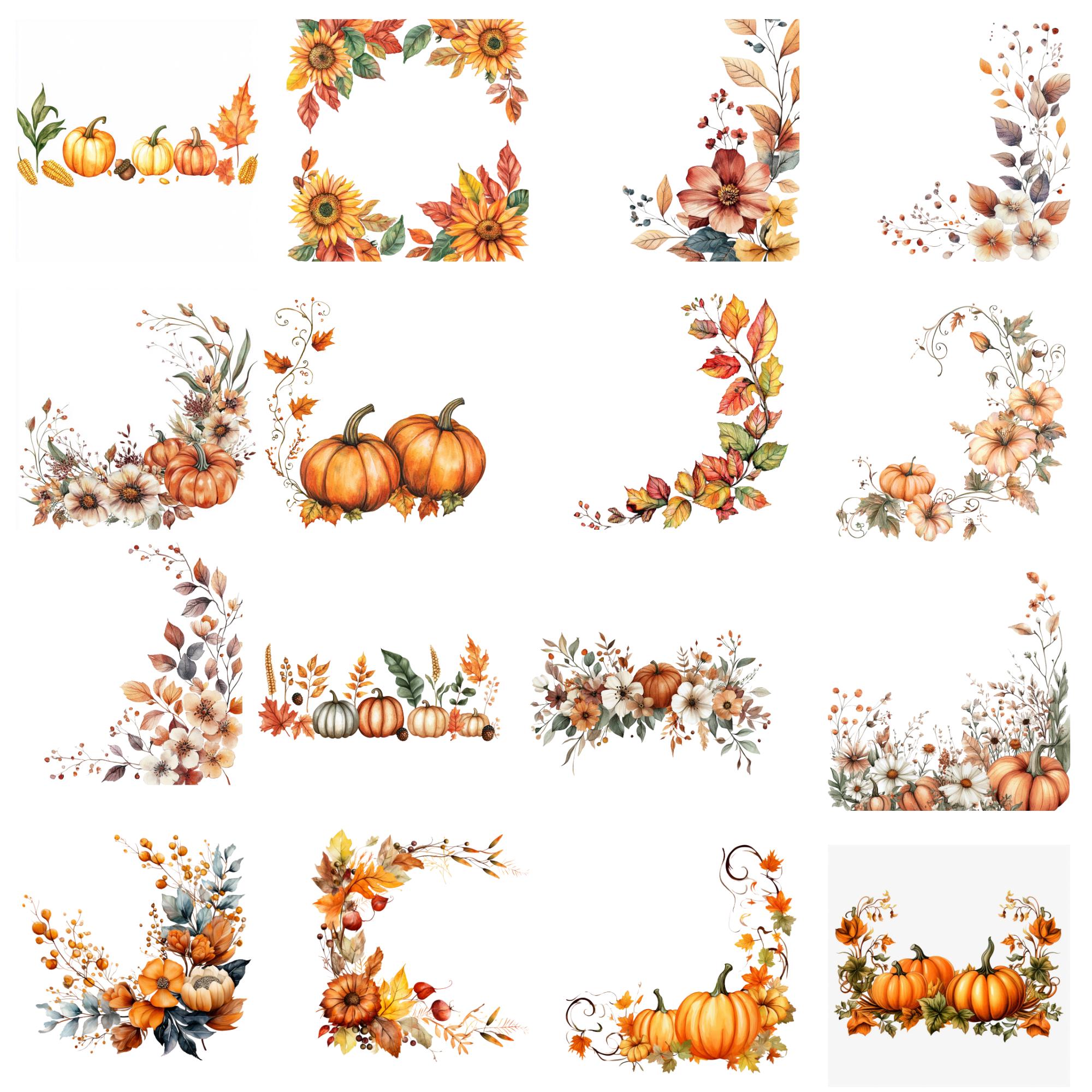 Autumn Watercolor Clipart: Fall Leaves & Pumpkin Borders (106+ JPG ...