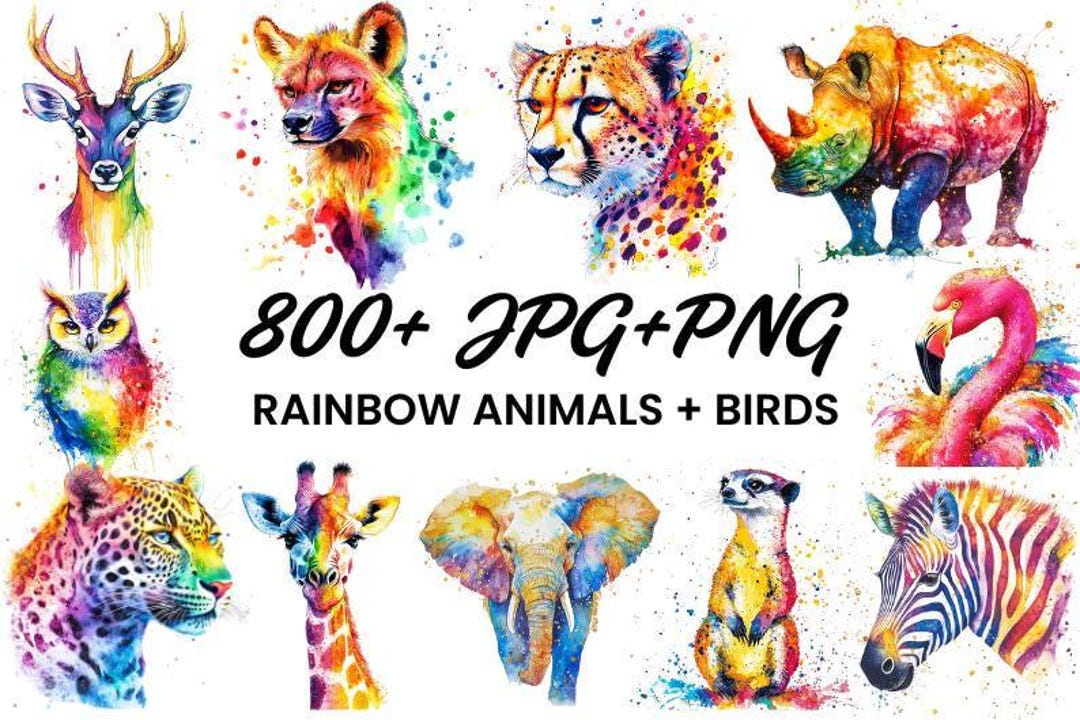 BUNDLE Watercolor Rainbow Animals Clipart | 800+ PNG and JPG Files ...