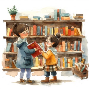 Watercolor Librarian Clipart | Vintage Library Scene (10 Jpgs) - Etsy