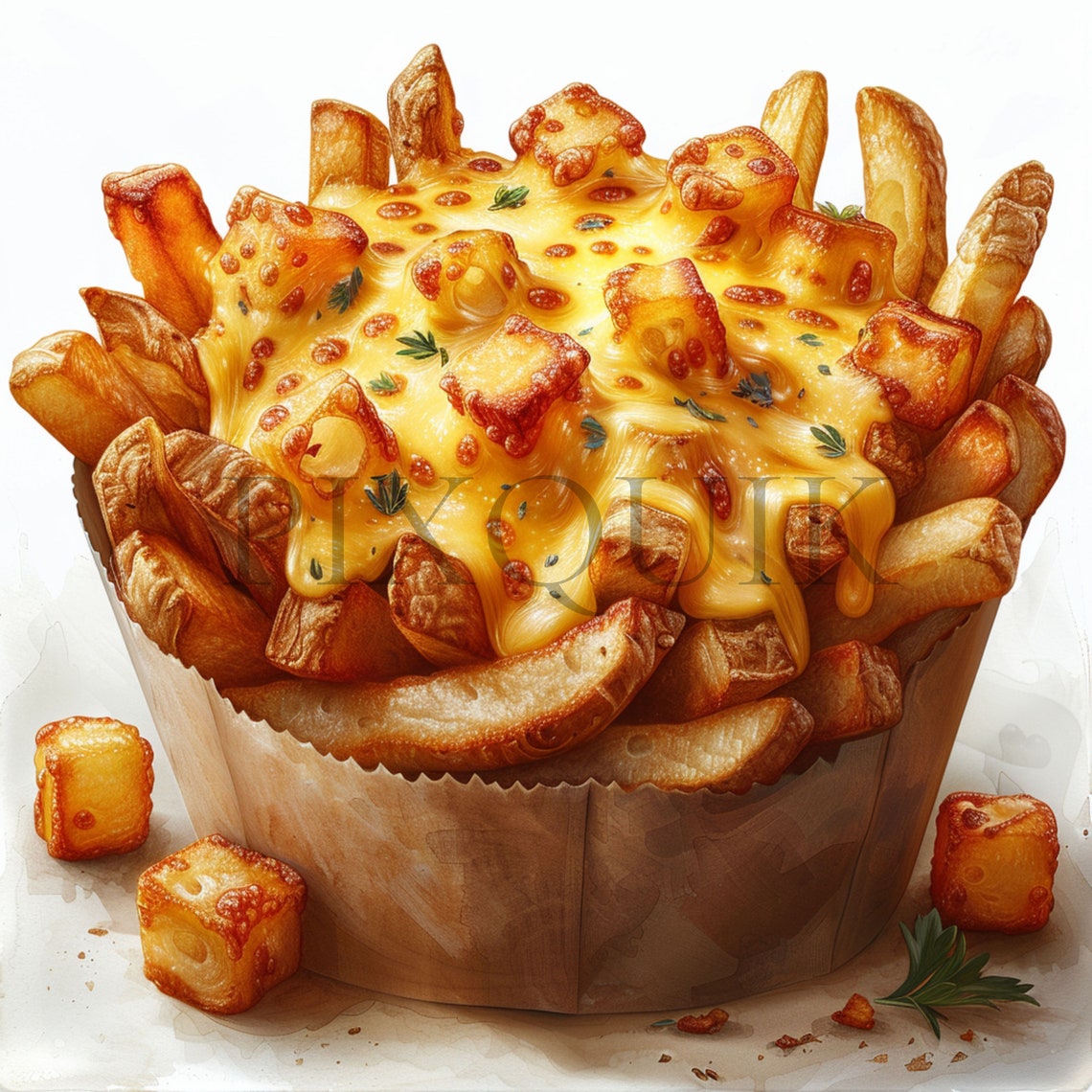 Watercolor Cheese Fries Clipart 10 High-quality Jpgs Kitchen Decor Food Illustrations Digital ...