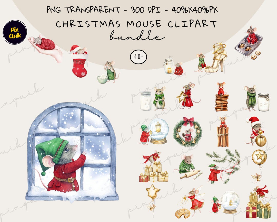 Christmas Mouse Clipart Bundle PNG, Cute Mice Gifts Cookies Candles ...