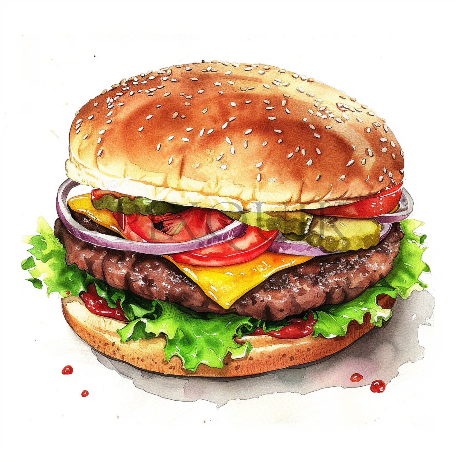 Watercolor Tasty Hamburger Clipart 10 High Quality Jpgs Fast Food ...