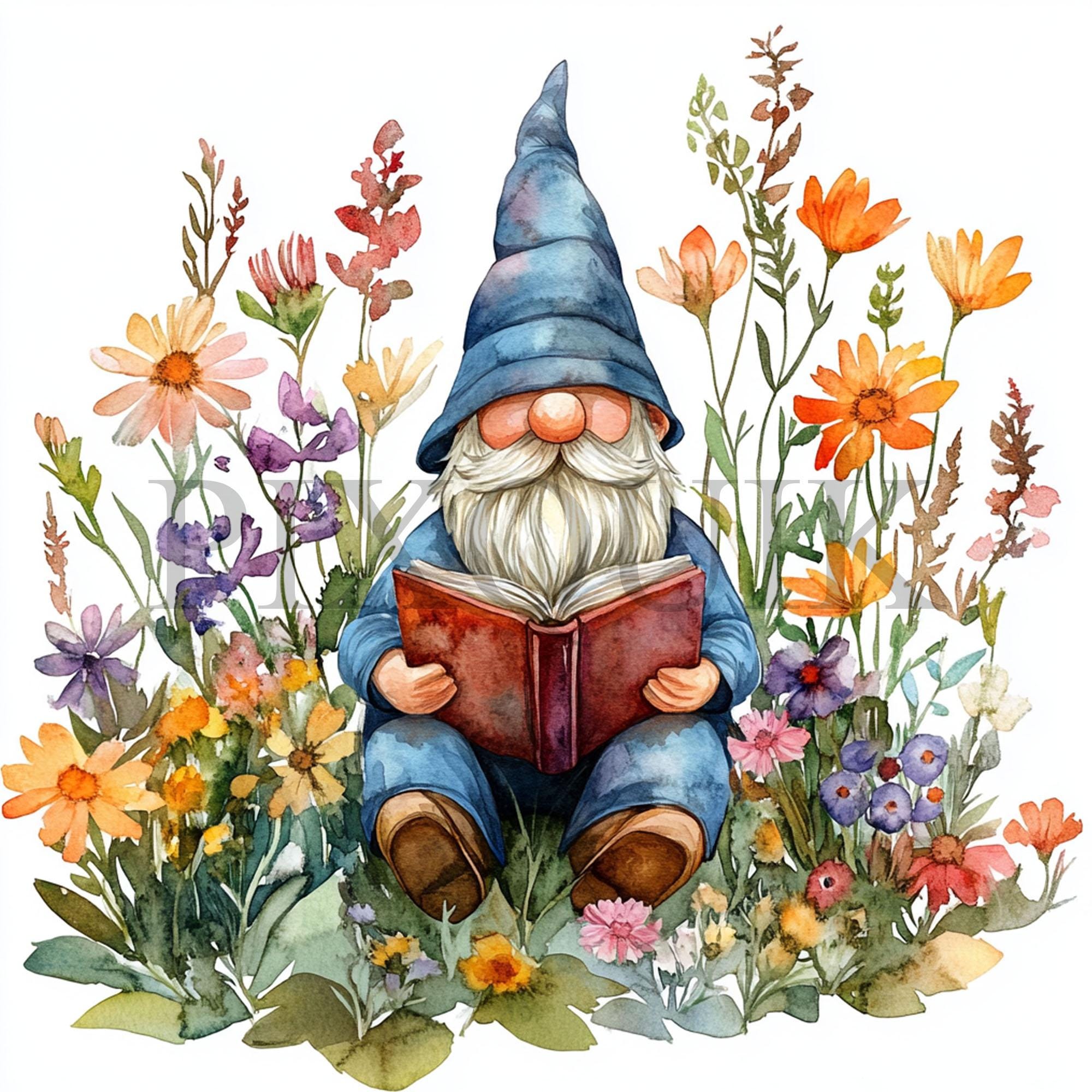 Watercolor Gnome Clipart | Reading in Flower Garden (digital Download ...