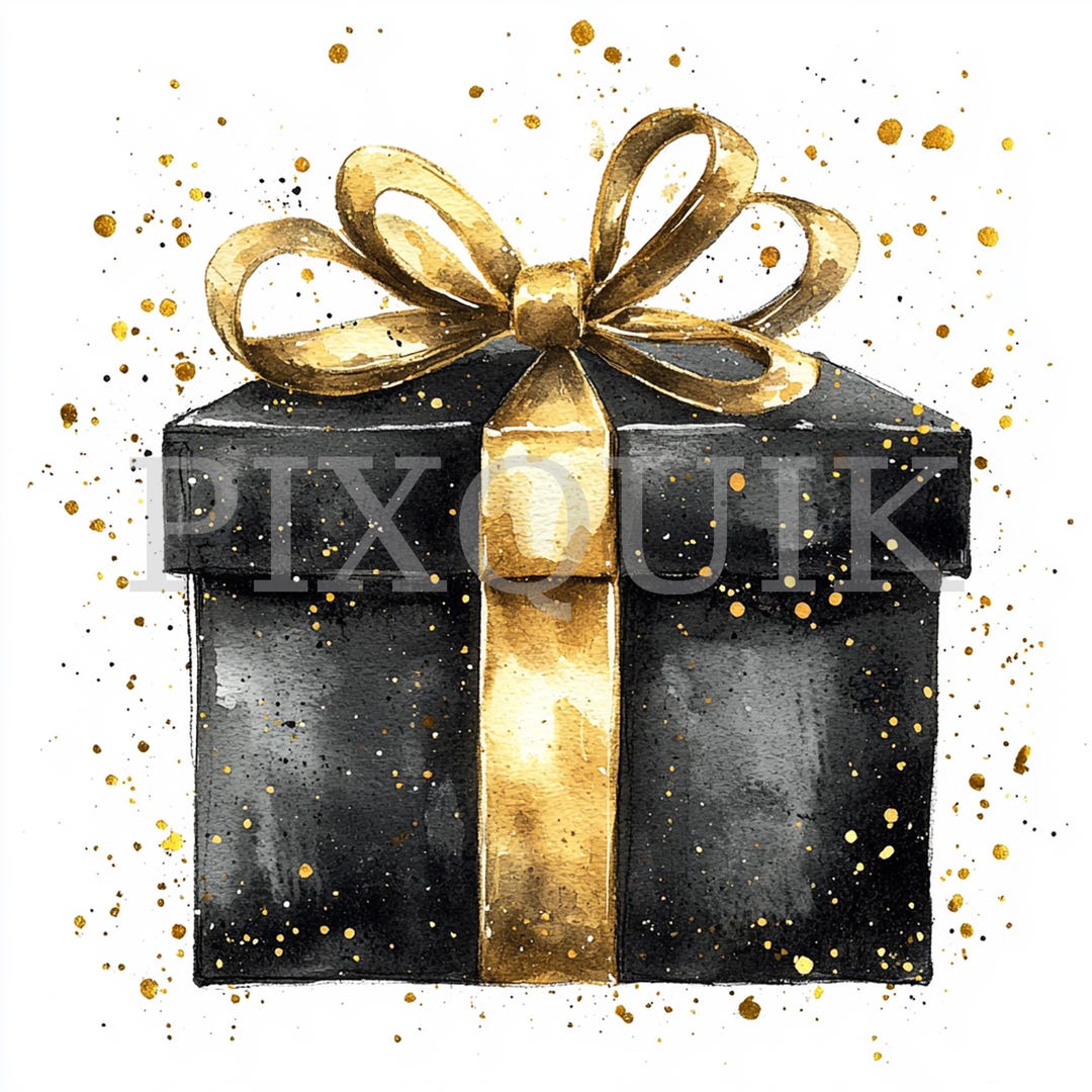 New Year Black Gift Box With Gold Ribbon | 2025 Clip Art | New Year ...