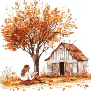 Watercolor Fall Reading Clipart | Barn and Girl (digital Download) - Etsy