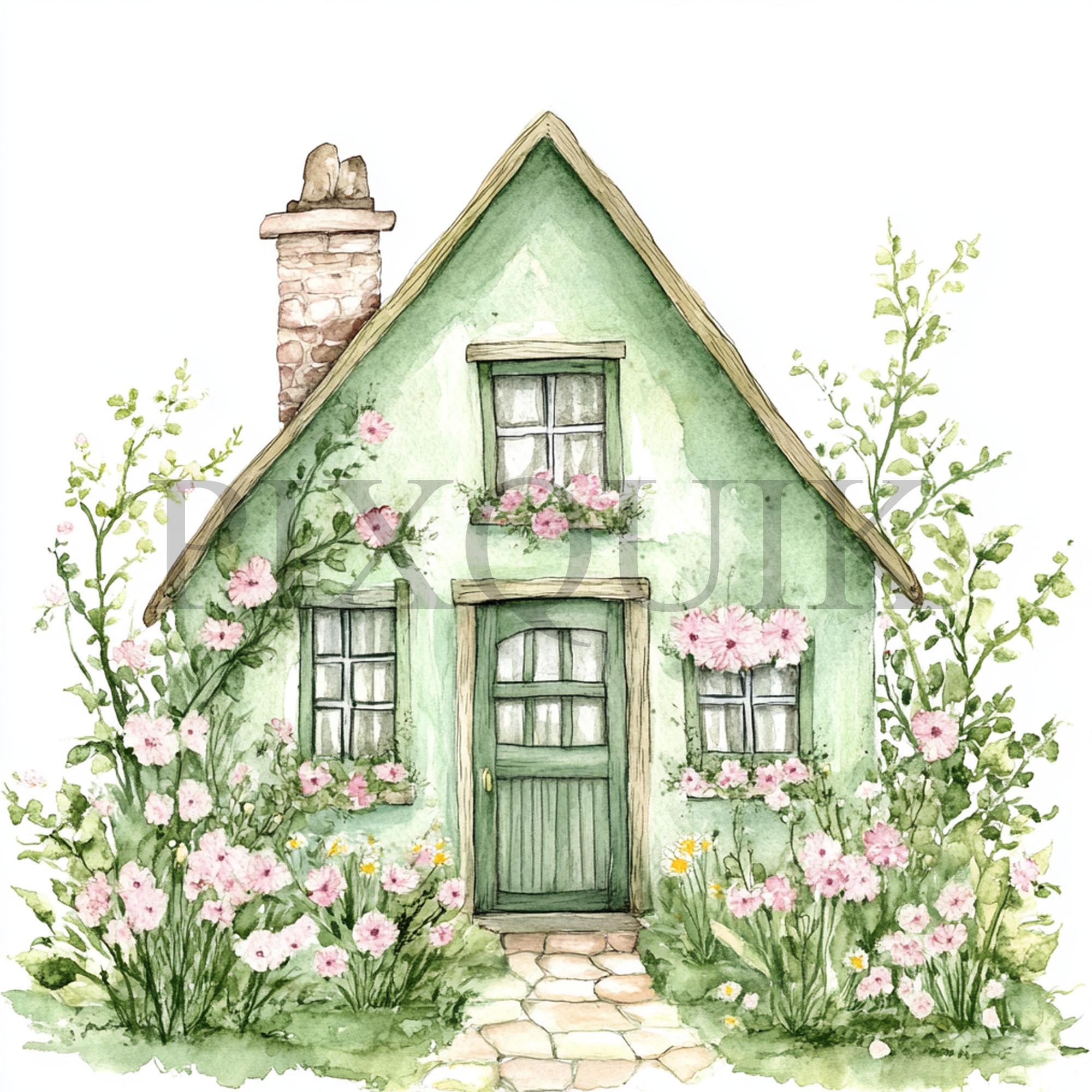 Green Cottage Clipart | Vintage Country JPG Images (digital Download ...