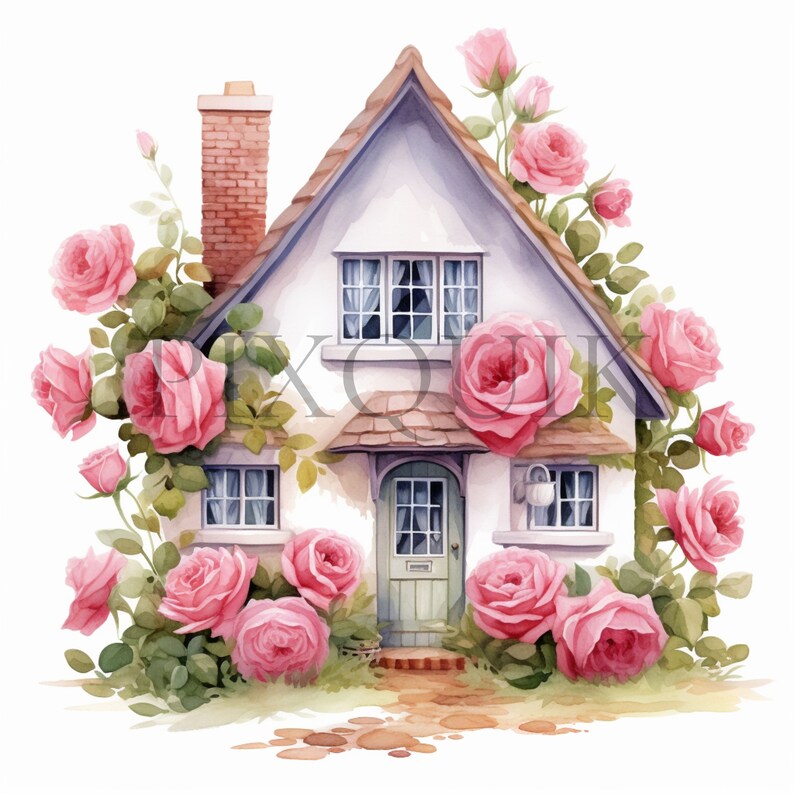 Rose Cottage Clipart | Watercolor Illustration, Floral Graphics (10 ...