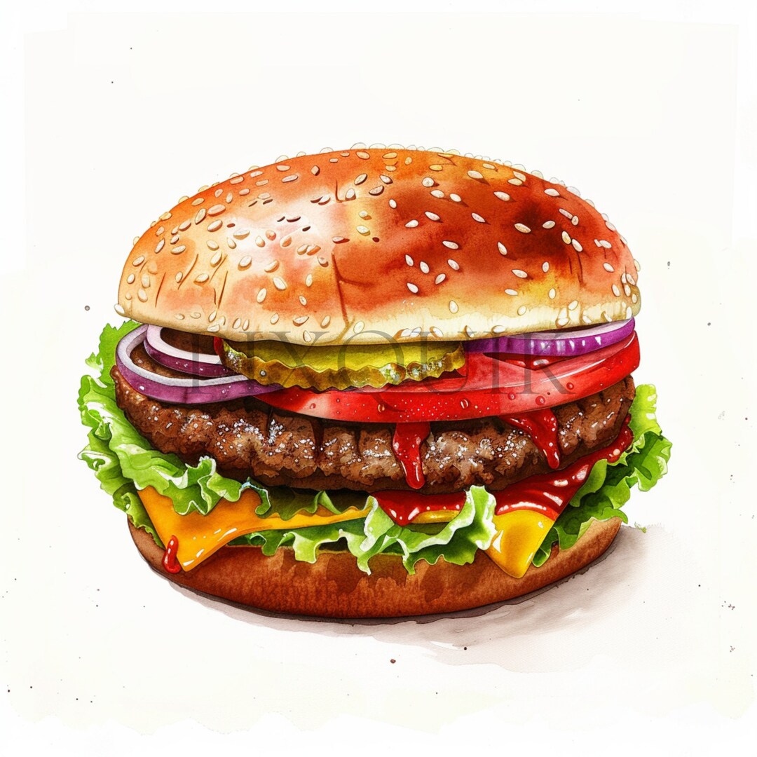Watercolor Tasty Hamburger Clipart | 10 High Quality Jpgs | Fast Food ...
