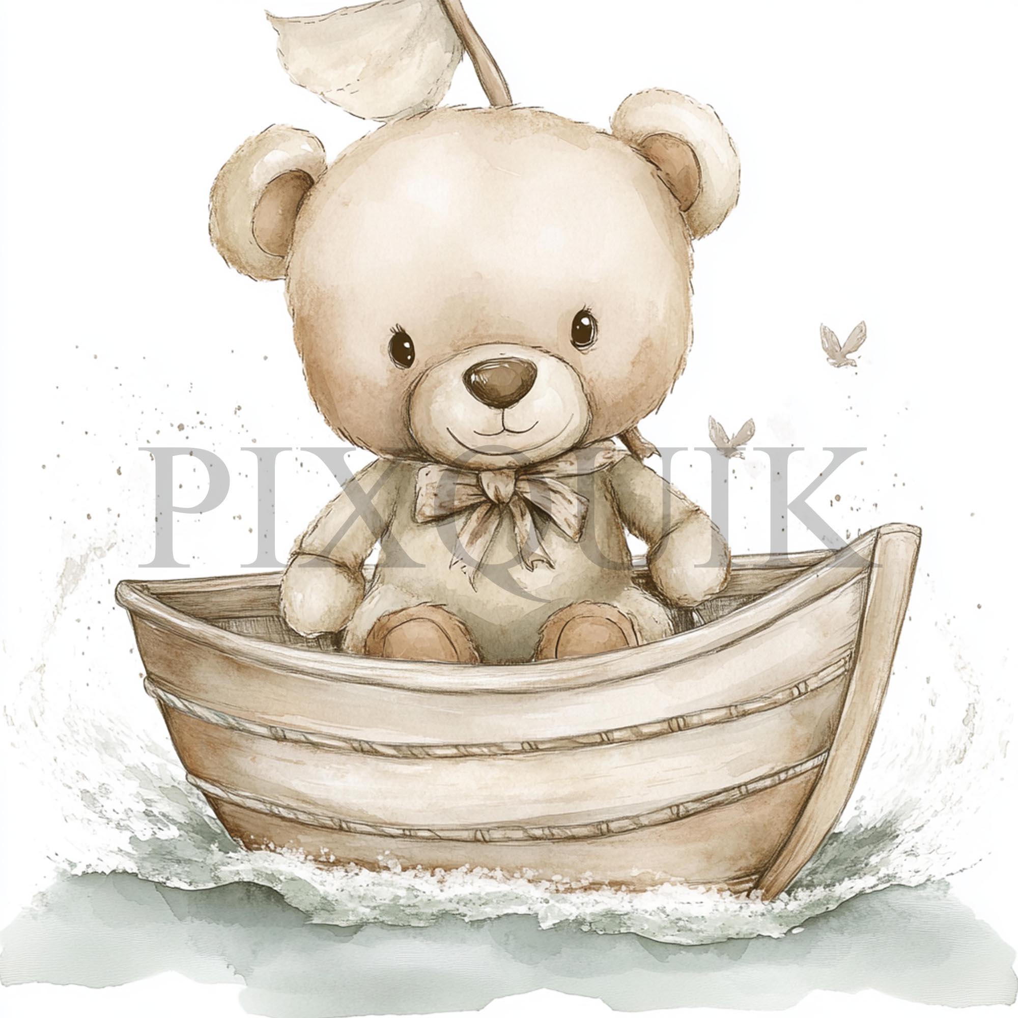 Teddy Bear in Boat Clipart: Watercolor Boho Art (JPG & PNG) - Etsy
