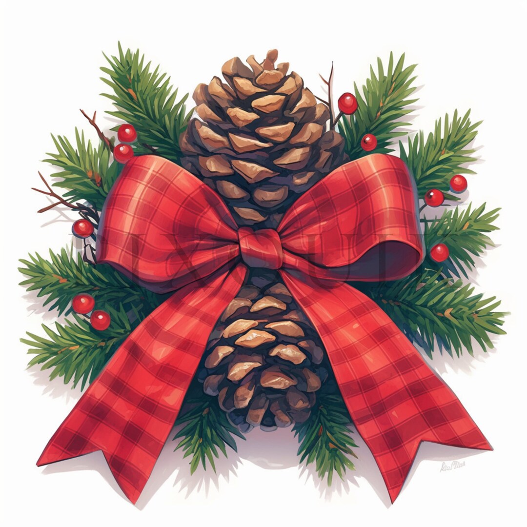 Christmas Bow Clipart | Plaid Ribbon, Pinecone Design (digital Download ...