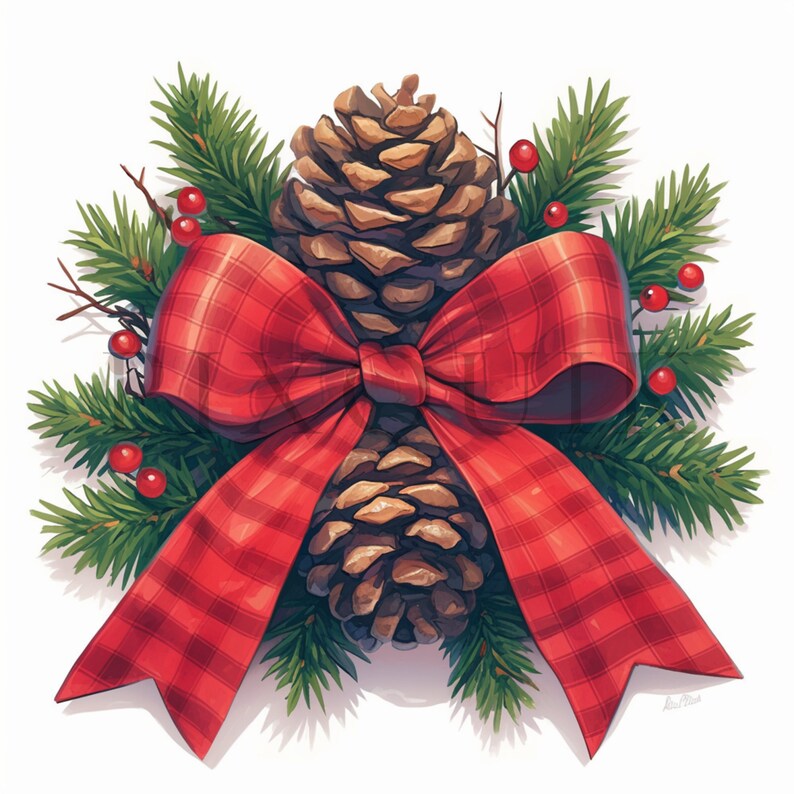 Christmas Bow Clipart | Plaid Ribbon, Pinecone Design (digital Download ...